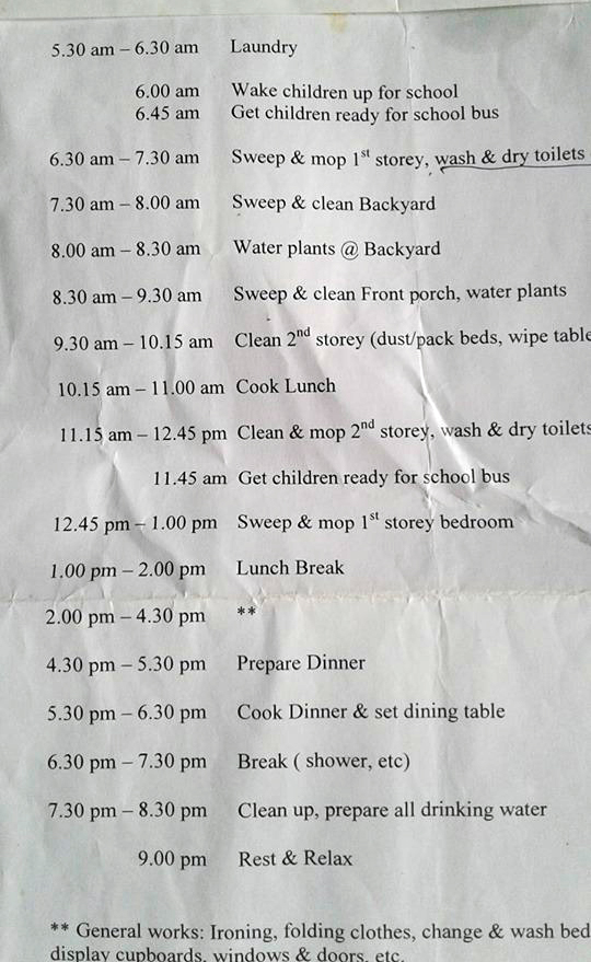 Foreign Domestic Helper In S pore Shares Her Timetable Other Helpers