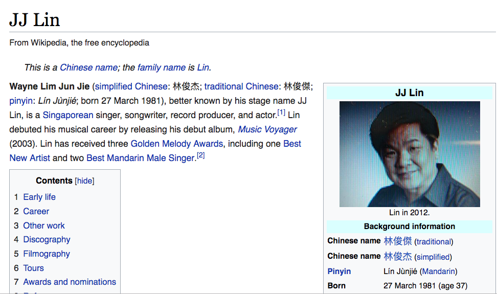 Someone changed JJ Lin's picture on Wikipedia to Marcus Chin for more ...