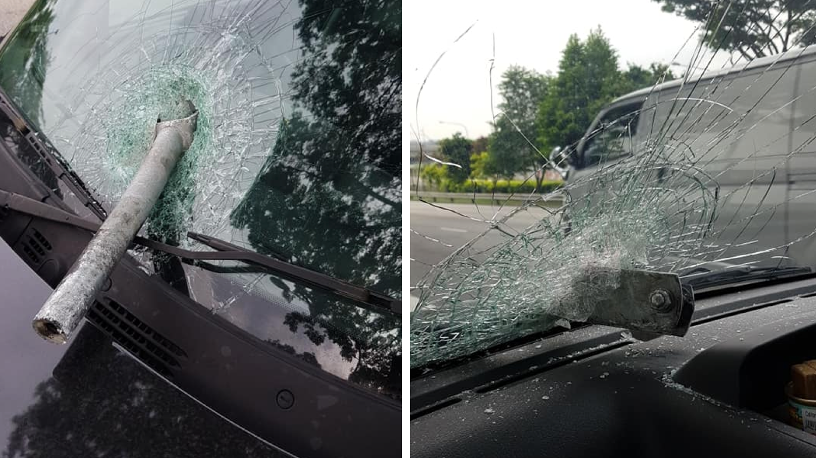 Metal pole flies "out of nowhere" & pierces windscreen of vehicle along ...
