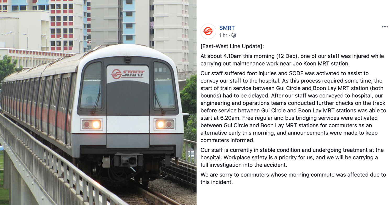 SMRT staff injures foot during track maintenance at Joo Koon; train ...