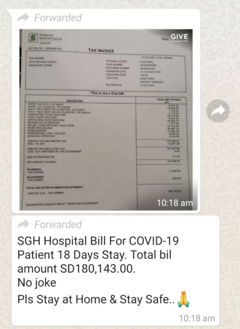 Fake WhatsApp message claims Covid-19 patient incurred S$180,143 for 18 ...