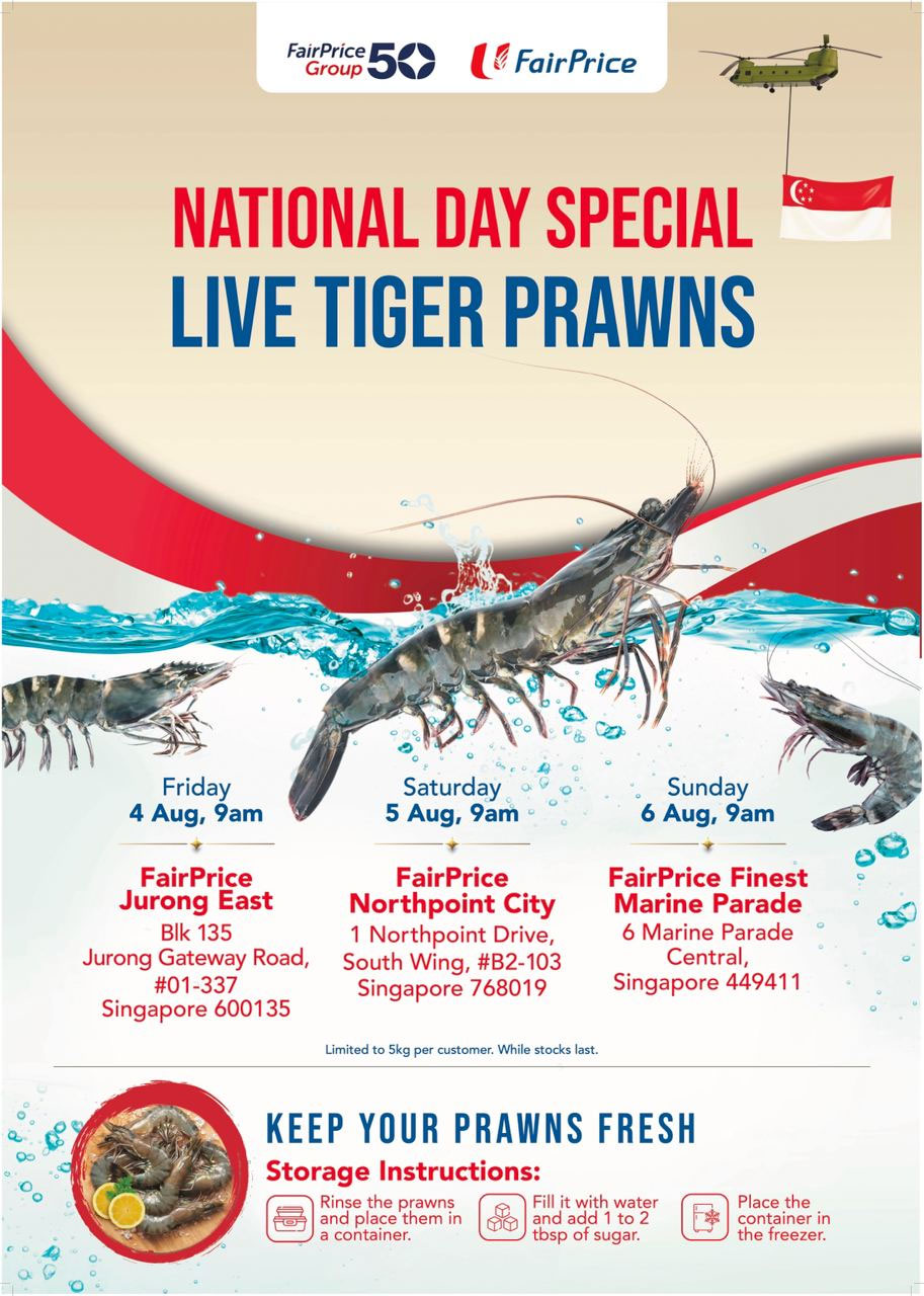 3 FairPrice outlets selling live tiger prawns for S$19.90/kg on Aug. 4 ...