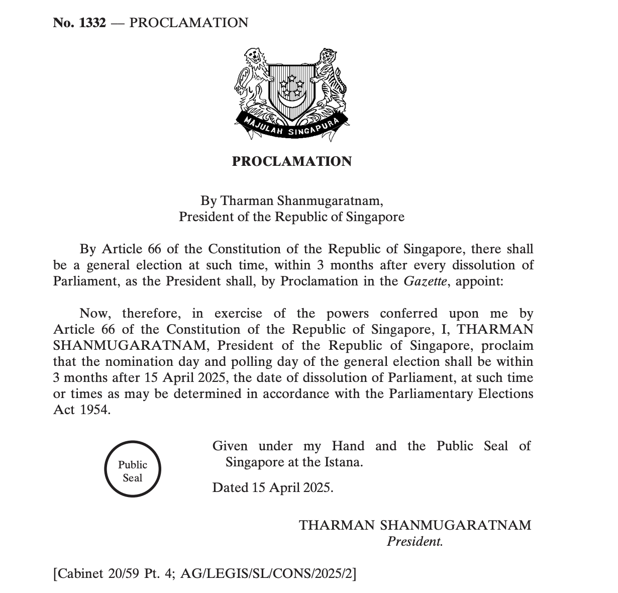S'pore GE2025: Parliament dissolved, Nomination Day on Apr. 23 ...