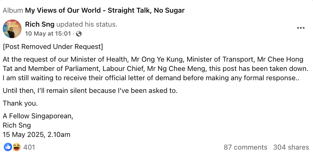 Man gets legal letters from Ong Ye Kung, Chee Hong Tat & Ng Chee Meng ...