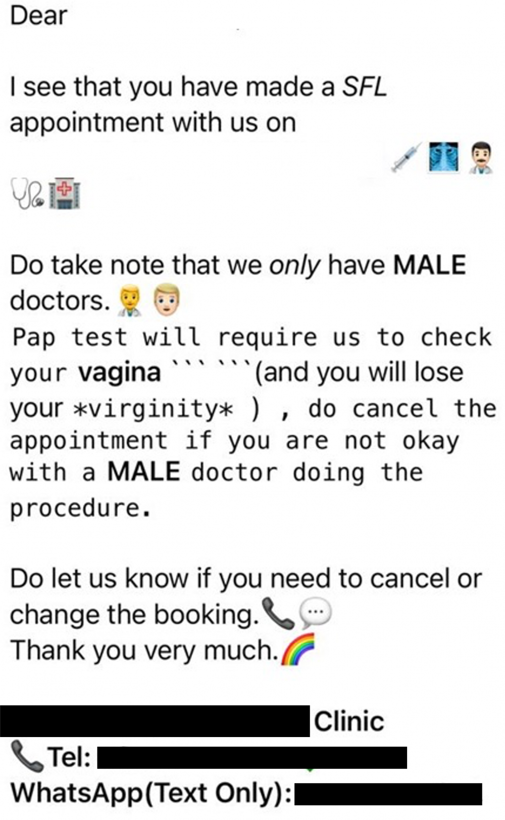 Woodlands clinic tells woman Pap smear test will cause her to 'lose her ...