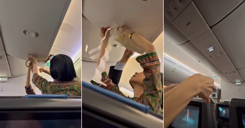 SIA cabin crew use tape & tissues to stop dripping water from overhead ...